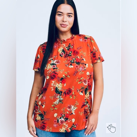 torrid | Tops | Torrid Red Orange Floral Rayon Slub Mock Neck Flutter ...